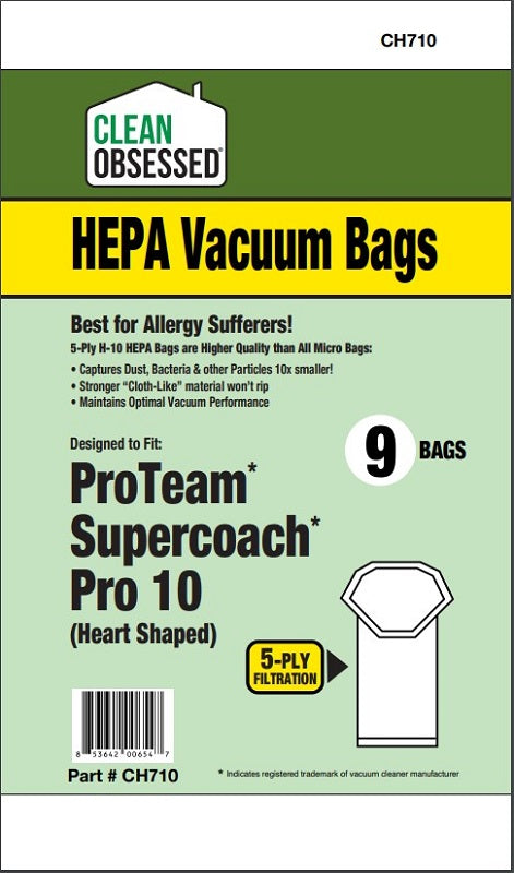 Proteam Supercoach Pro 10 HEPA Paper Bags, 9/pk (heart Shaped) Triangl ...